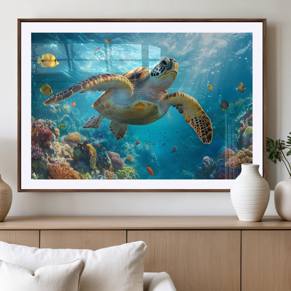 Sea Turtle Underwater Canvas Wall Art Print - Vibrant Ocean Wildlife ...
