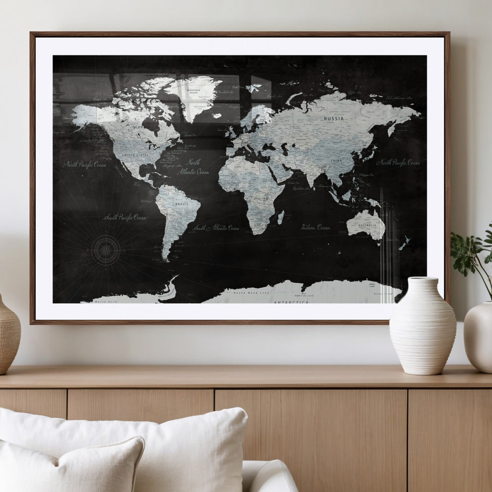 World Map Canvas Print – Framed Push Pin Wall Art, Color Splash Travel ...