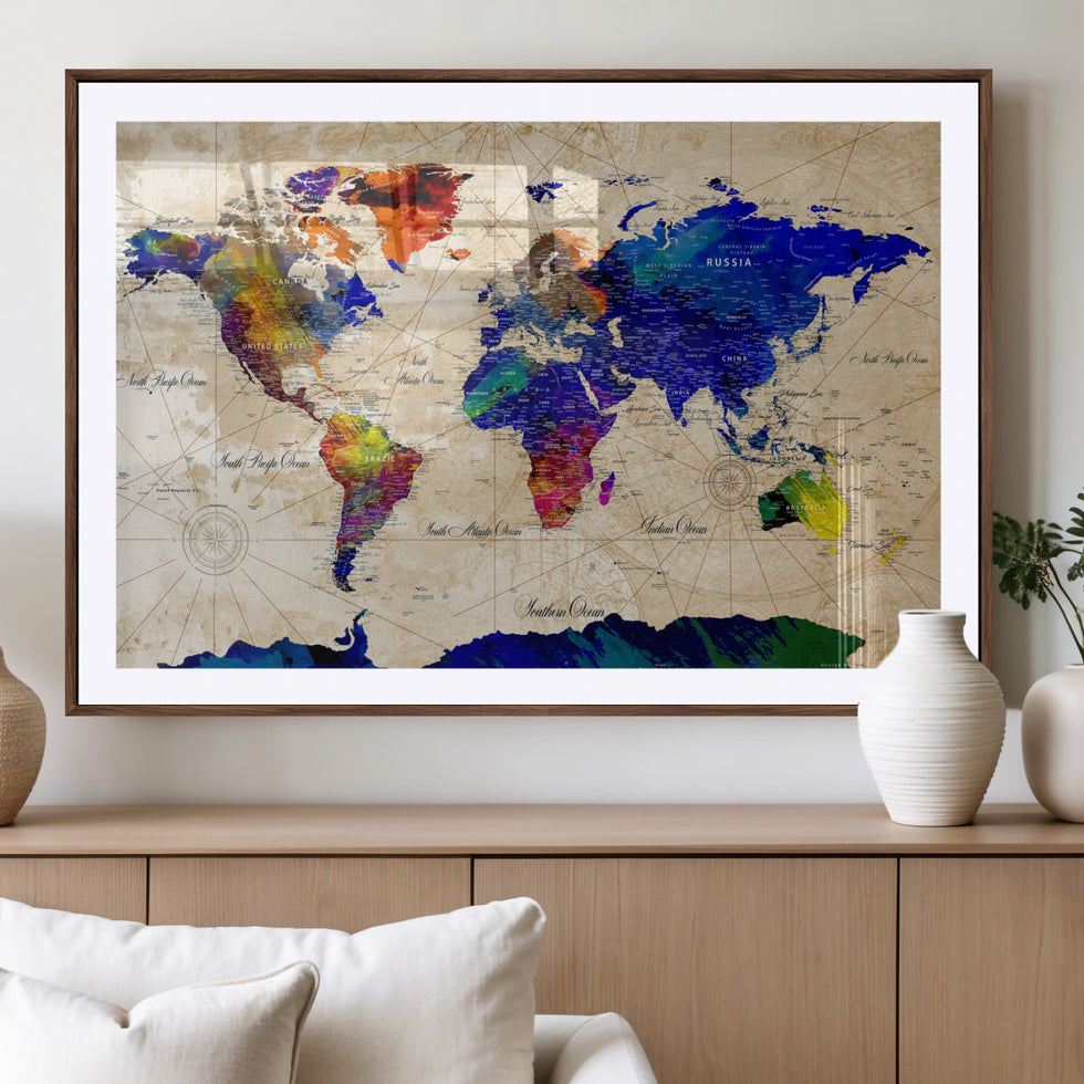Colorful World Map Canvas Wall Art – Abstract Watercolor Map Print ...