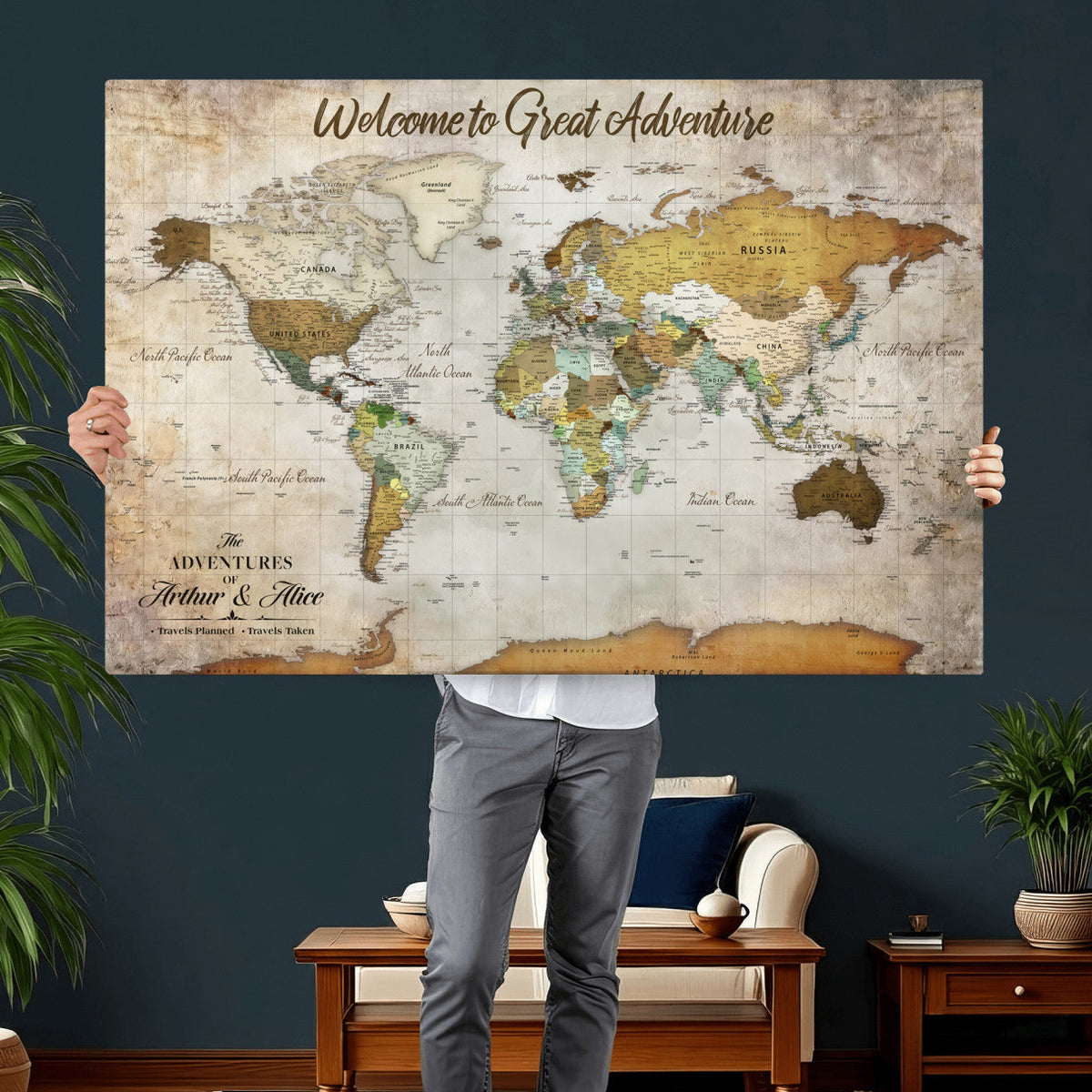 Personalized World Map Wall Art Canvas Print – Custom Push Pin Travel ...