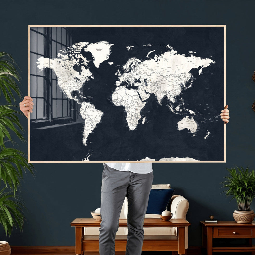Black World Map Wall Art Canvas Print for Your Home Decoration ...