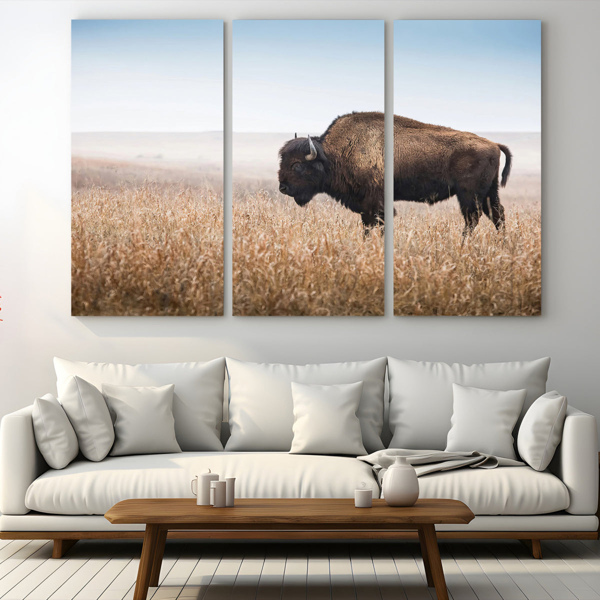 Wild Bison Wall Art Canvas Print, Framed Bison in Prairie Art Picture ...