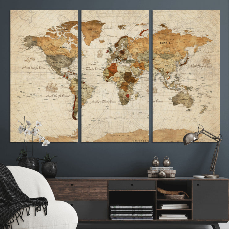 Rustic Vintage World Map Canvas Print for Living Room Wall Decor ...