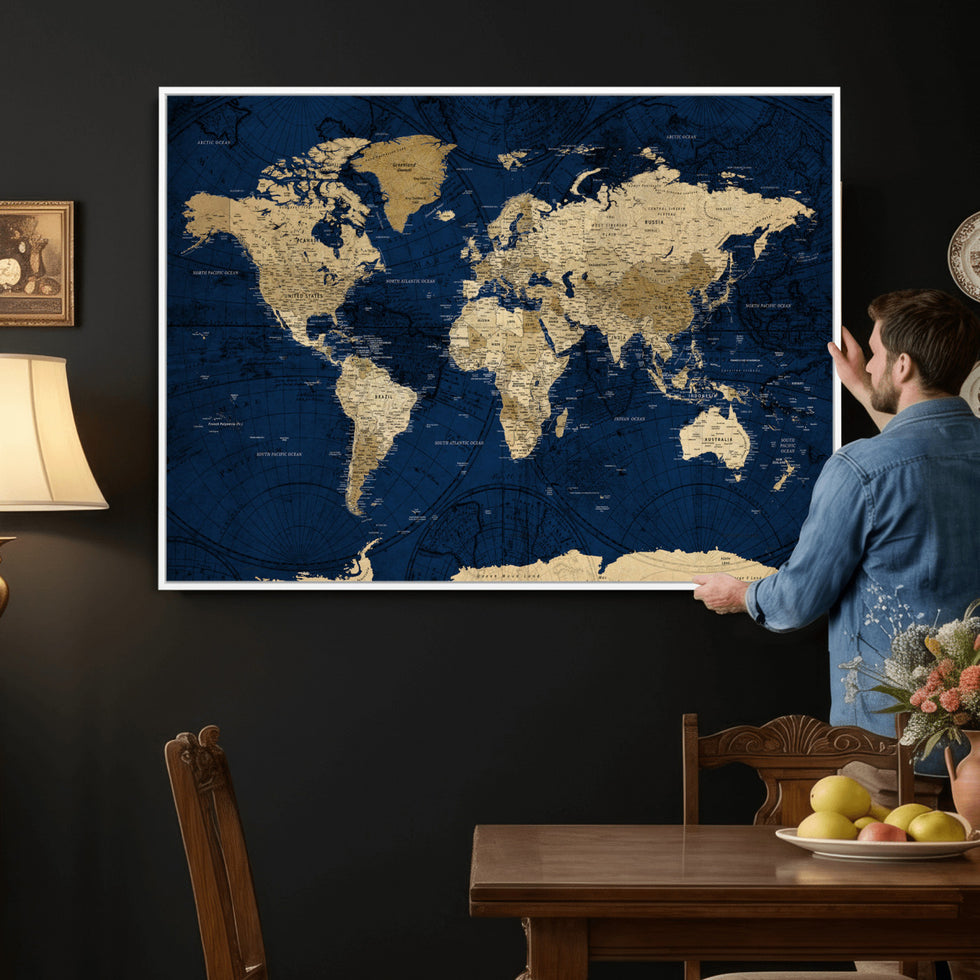 Navy Blue World Map Canvas Print - Minimalist Artwork – MyGreatCanvas ...