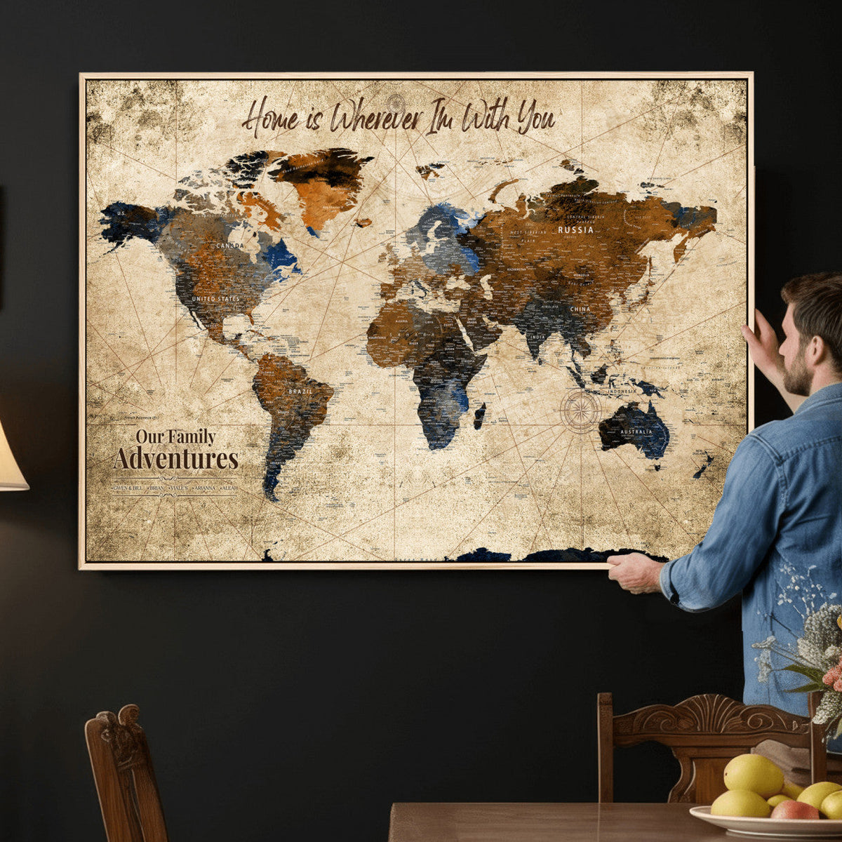 Personalized World Map Canvas Wall Art – Custom Framed Push Pin Travel ...