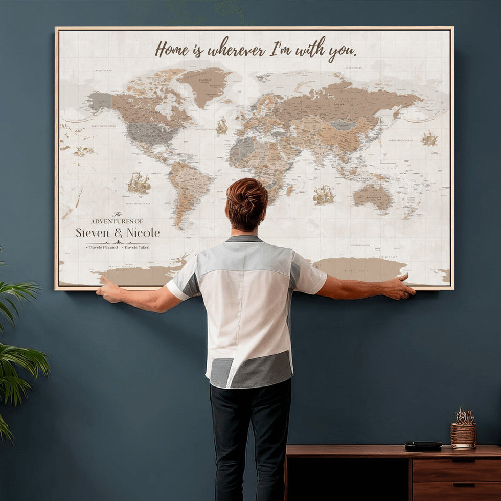 Push Pin Framed Travel Map Wall Art Canvas Print - Ready to Hang ...