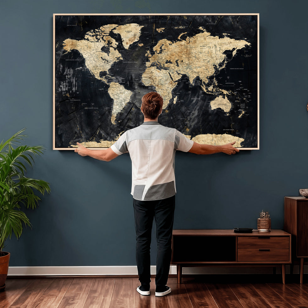 Framed Large World Map Wall Art Canvas Print for Living Room Decor ...