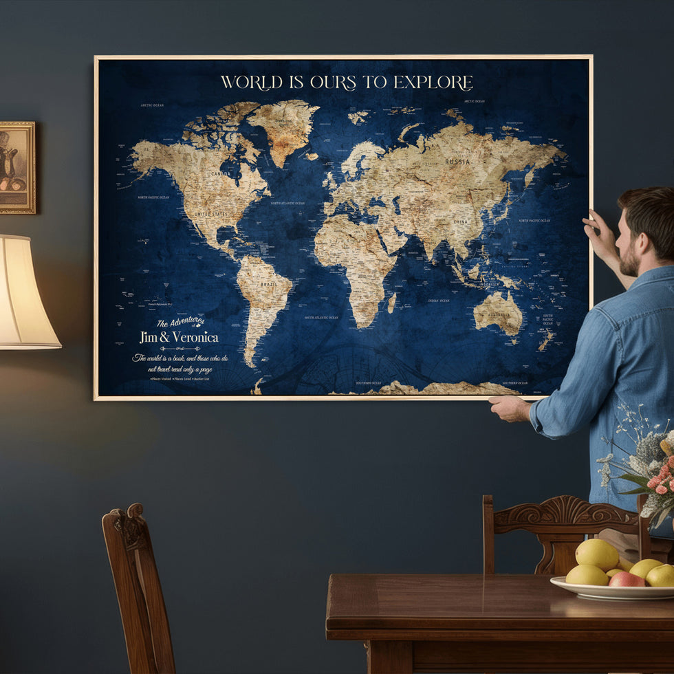 Framed Custom World Map Canvas Print - Deep Blue World Map Wall Art ...