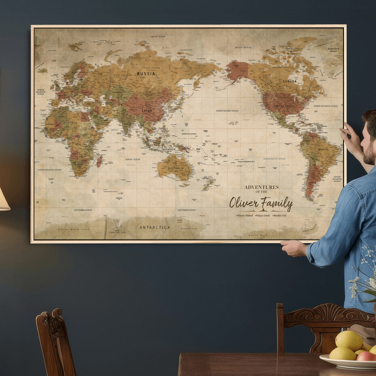 Personalized World Map Canvas Print – Framed Push Pin Travel Wall Art ...