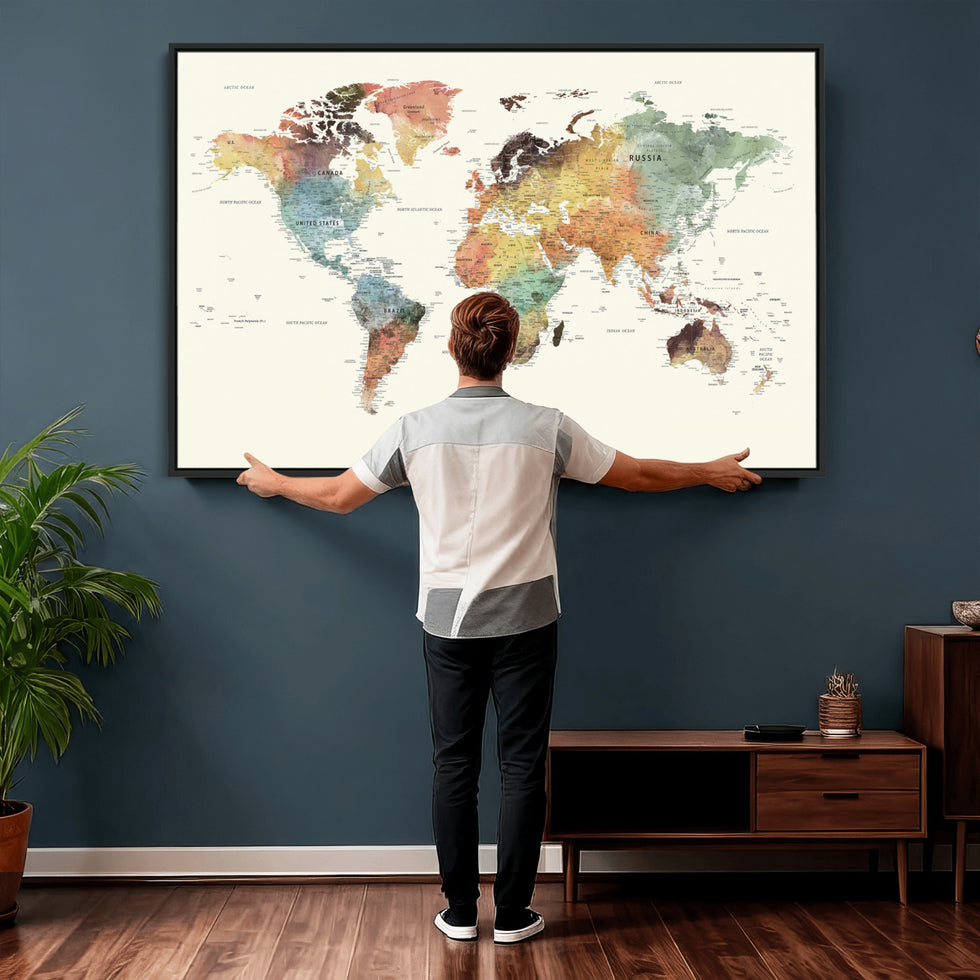 Framed World Map Wall Art Canvas Print for Living Room and Study Room ...