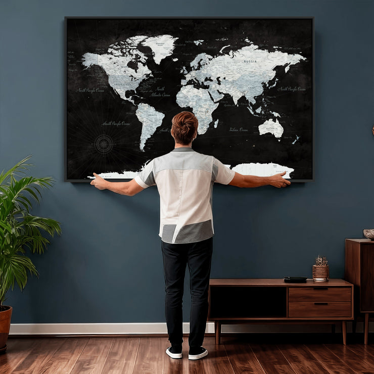 World Map Canvas Print – Framed Push Pin Wall Art, Color Splash Travel ...