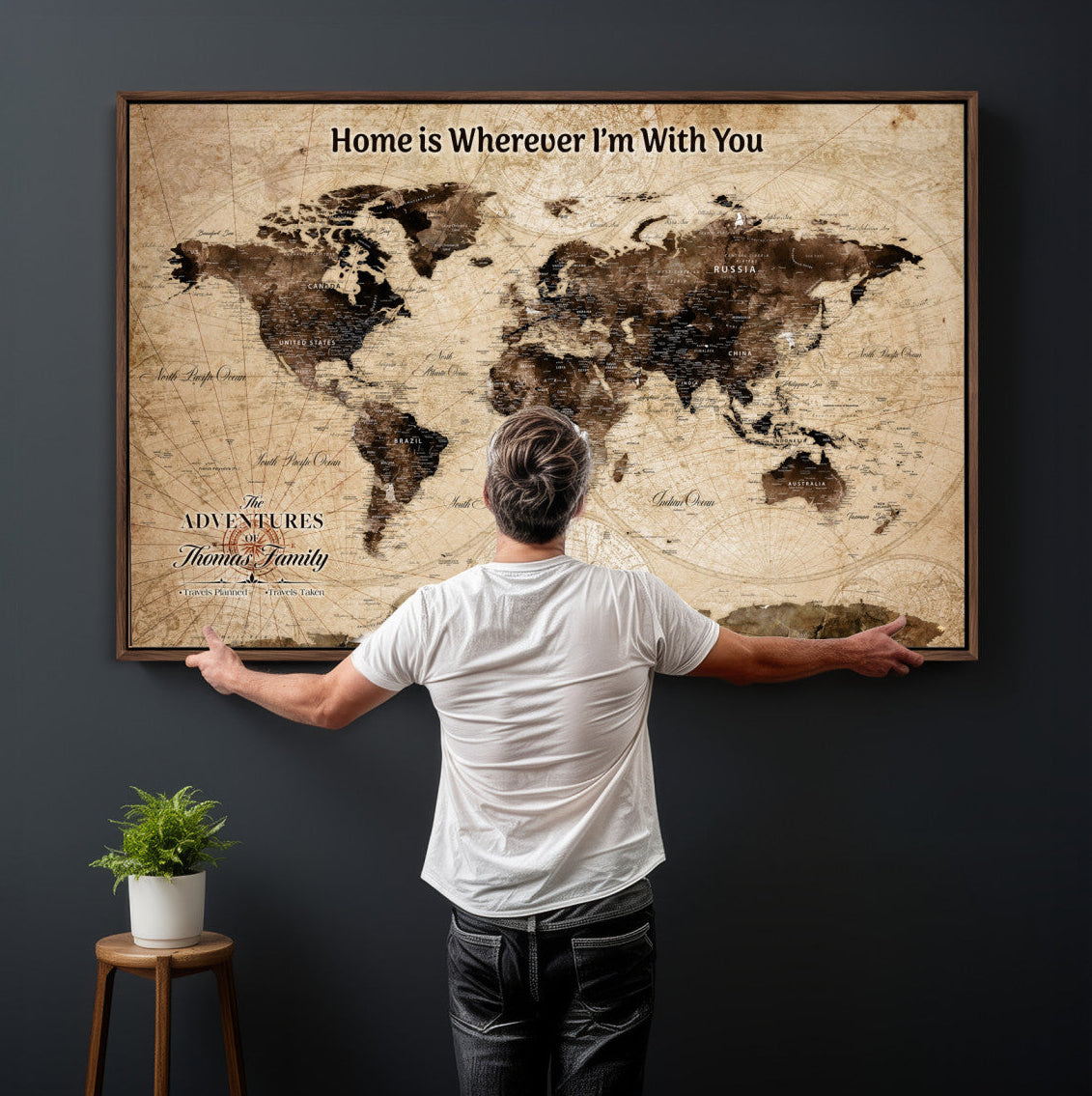 Personalized Framed World Map Wall Art Canvas Print – Custom Push Pin ...
