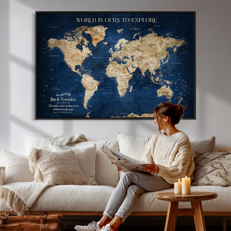 Framed Custom World Map Canvas Print - Deep Blue World Map Wall Art ...