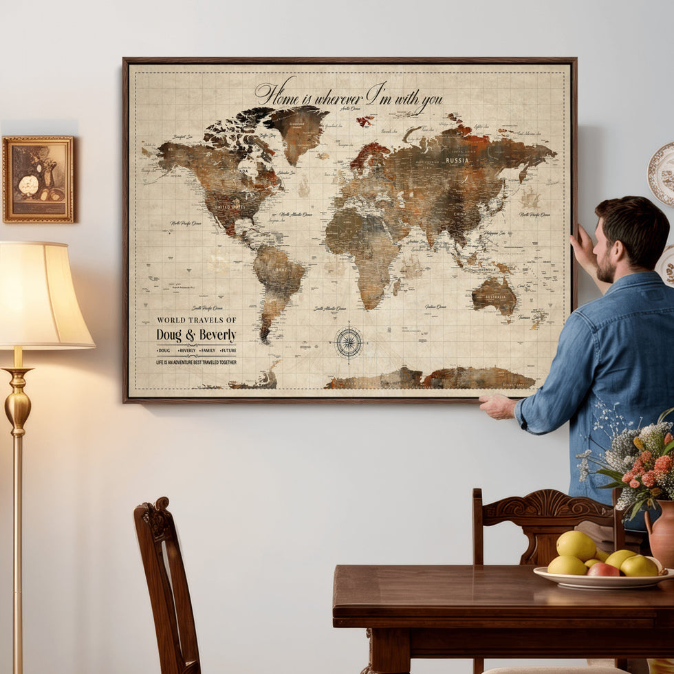 Large Custom World Map Canvas – Custom Framed Push Pin Travel Map Wall ...