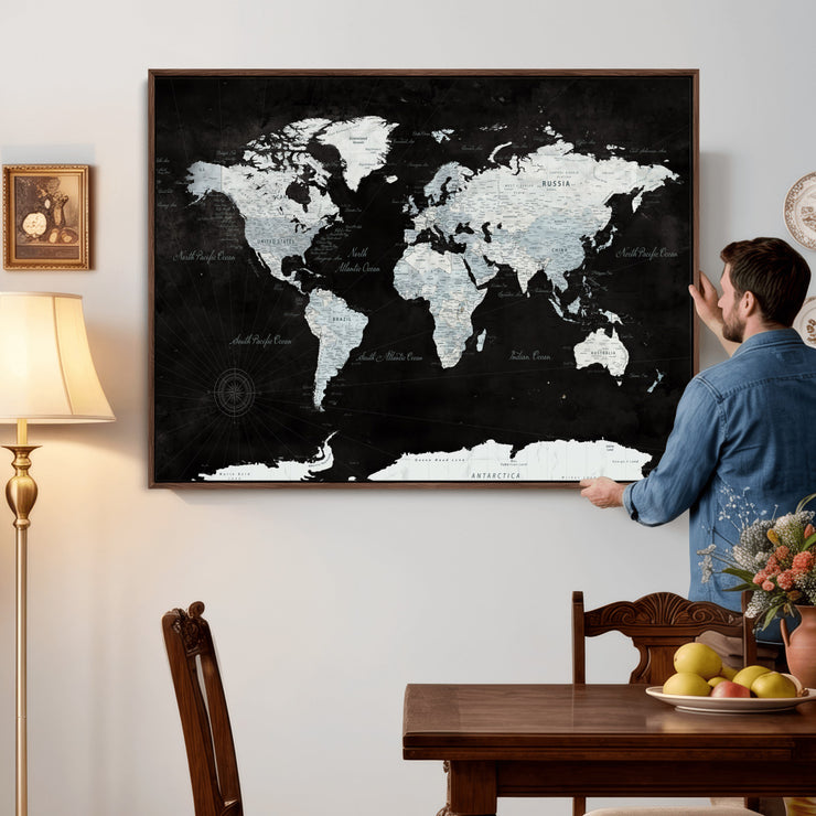 World Map Canvas Print – Framed Push Pin Wall Art, Color Splash Travel ...