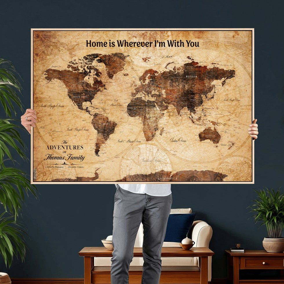 Custom Vintage World Map Canvas Wall Art – Custom Framed Push Pin ...