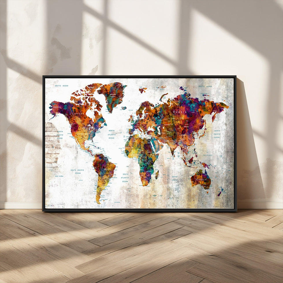 Vintage World Map Canvas Wall Art Print, Warm Tone Global Map Artwork ...