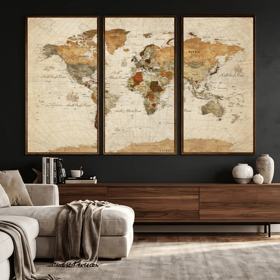Rustic Vintage World Map Canvas Print for Living Room Wall Decor ...
