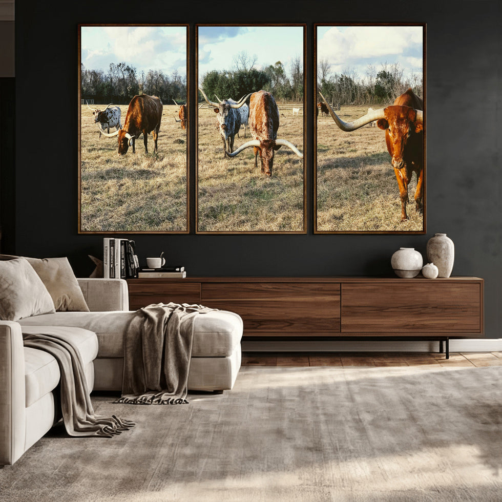 Texas Longhorn Herd Wall Art Canvas Print, Western Ranch Cattle Landsc ...