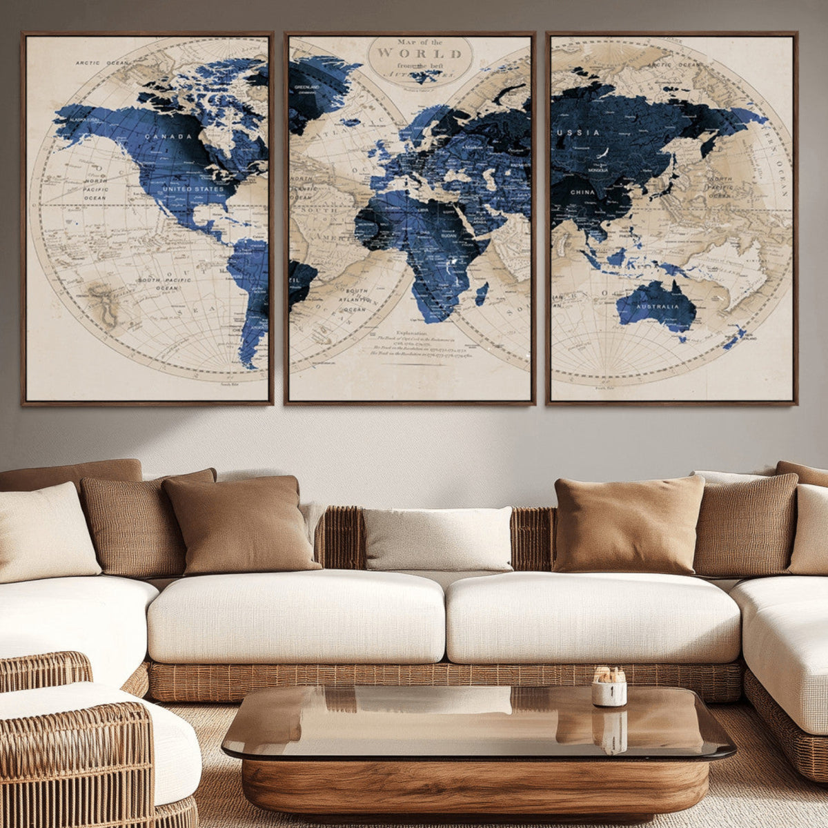 Vintage Blue World Map Canvas Wall Art – Antique Style Framed Map ...