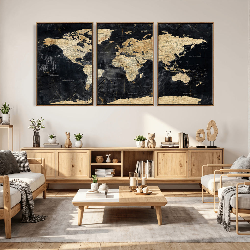 Framed Large World Map Wall Art Canvas Print for Living Room Decor ...