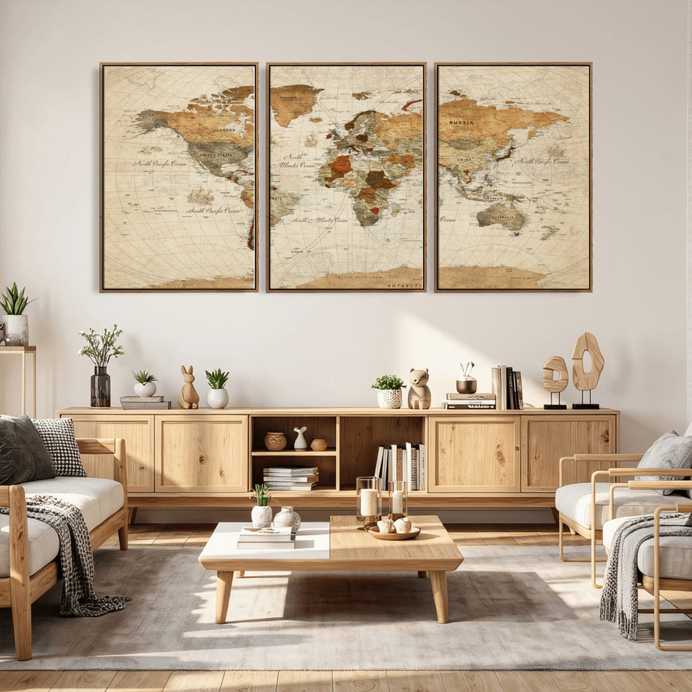 Rustic Vintage World Map Canvas Print – Framed Modern – MyGreatCanvas ...