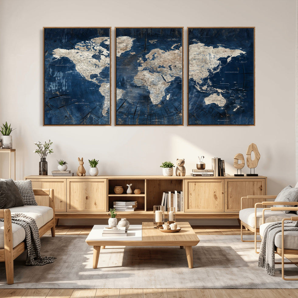 Large Blue World Map Wall Art Canvas Print for Home Office Decor ...