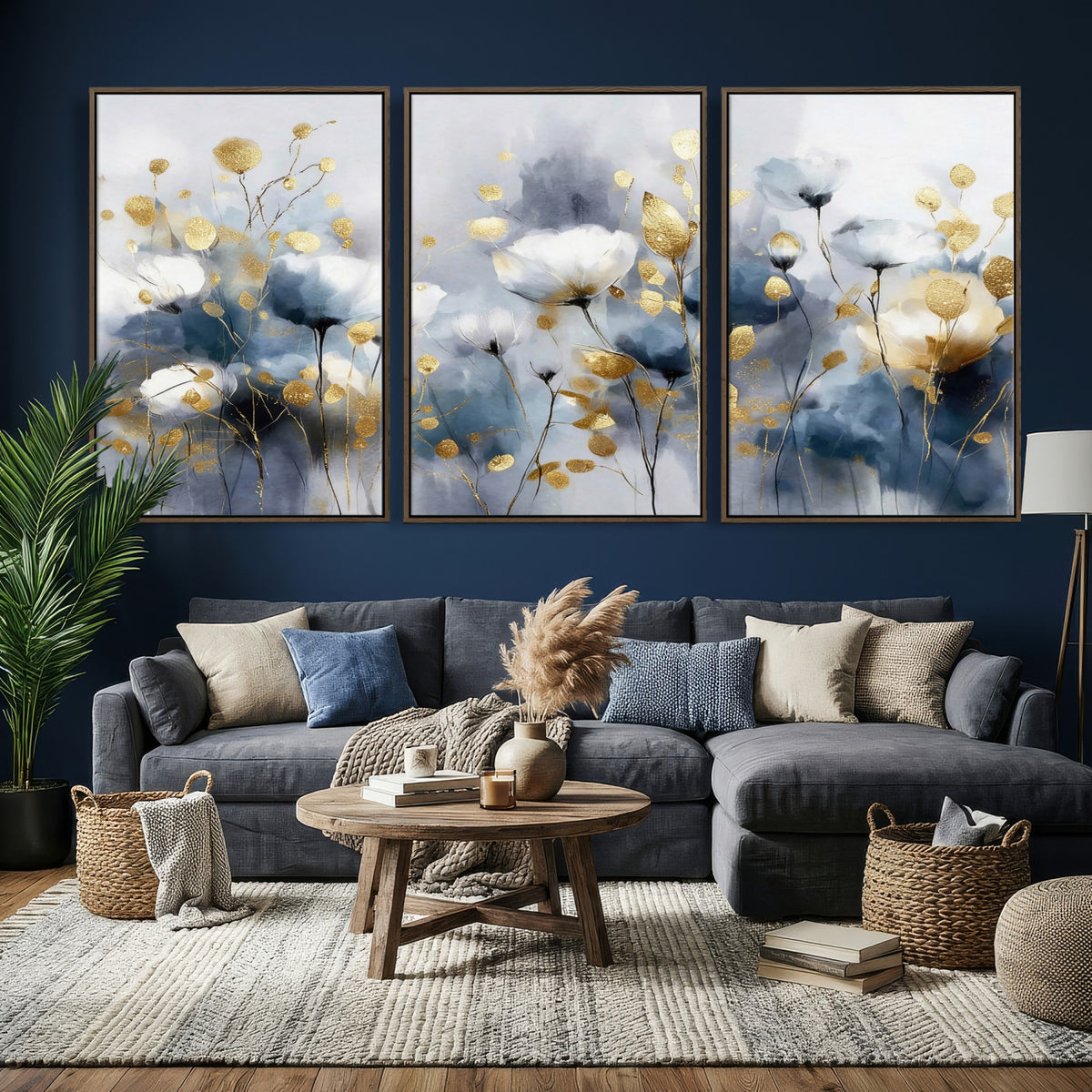 Large Abstract Flowers Wall Art Canvas Print – Gold and Blue Botanical ...