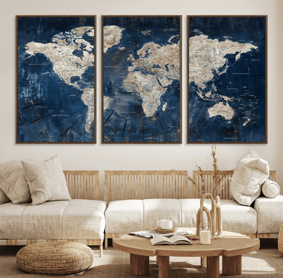 Large Blue World Map Wall Art Canvas Print for Home Office Decor ...