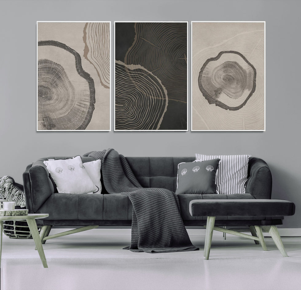 Modern Abstract Tree Ring Canvas Art Set | 3 Panel Large Tree Ring ...