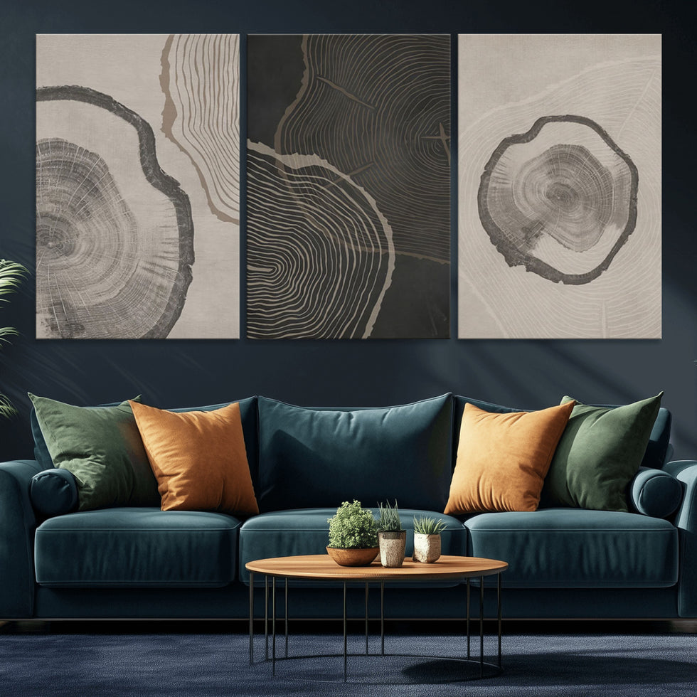 Modern Abstract Tree Ring Canvas Art Set | 3 Panel Large Tree Ring ...
