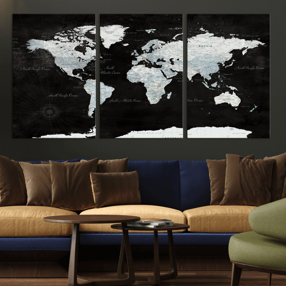 World Map Canvas Print – Framed Push Pin Wall Art, Color Splash Travel ...