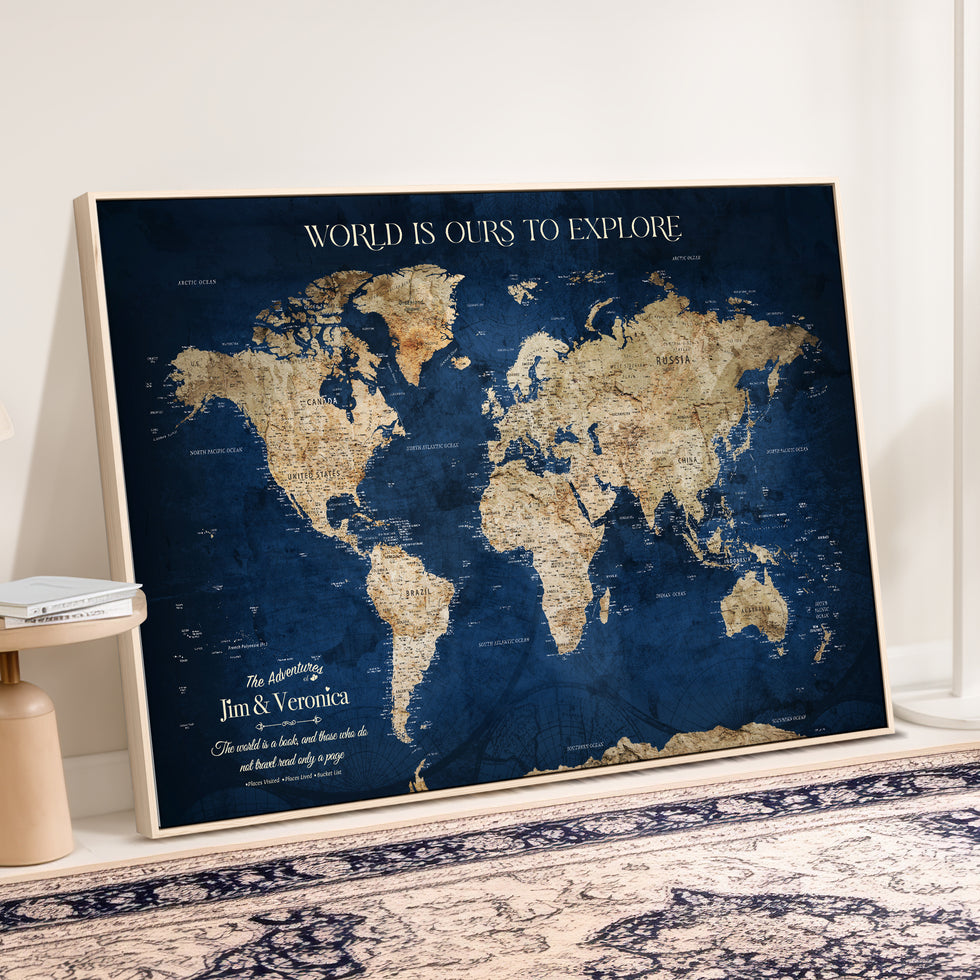 Framed Custom World Map Canvas Print - Deep Blue World Map Wall Art ...